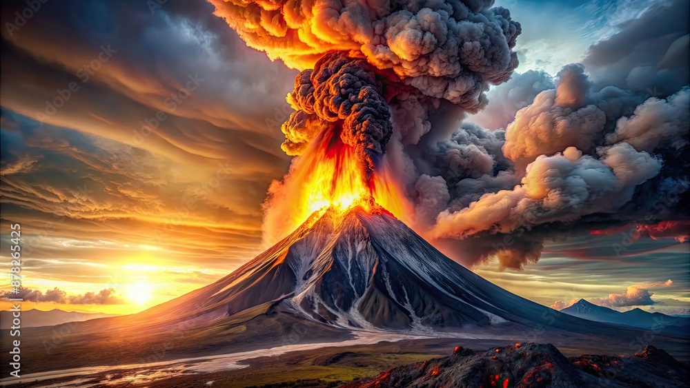 Powerful volcanic eruption spewing hot lava and ash into the sky ...