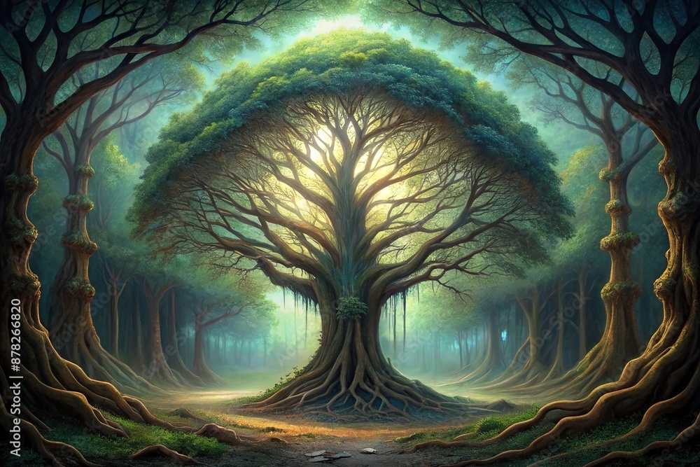 drawing of a dark forest encricling norse mythology tree ...