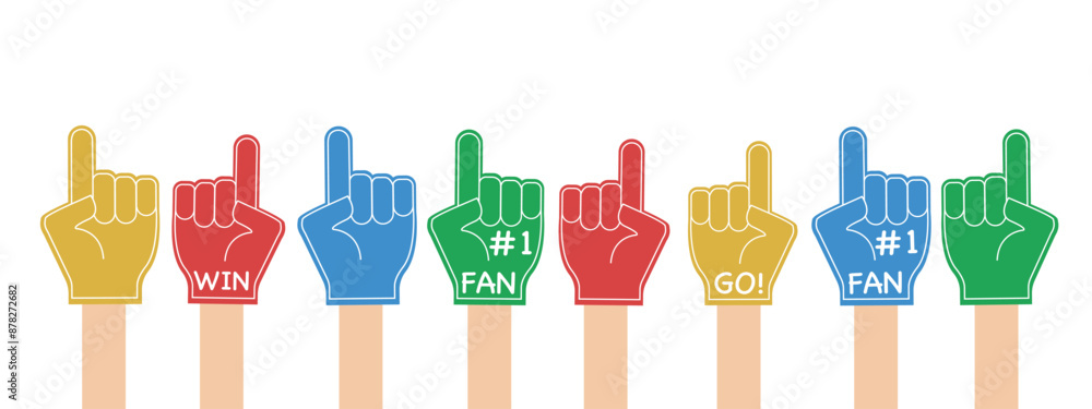 Fan foam fingers. Hands up with colorful glove. stadium supporter pride ...