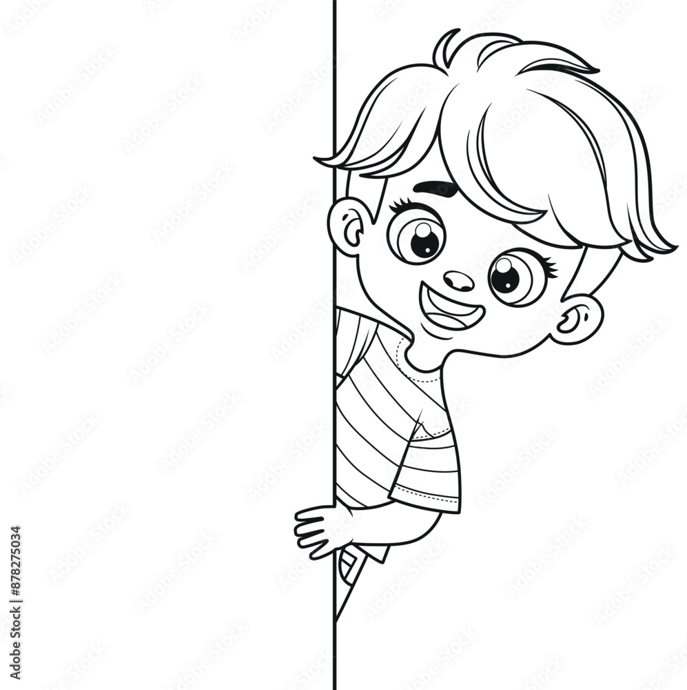 Cute cartoon boy peeking out from behind a big white poster outlined ...