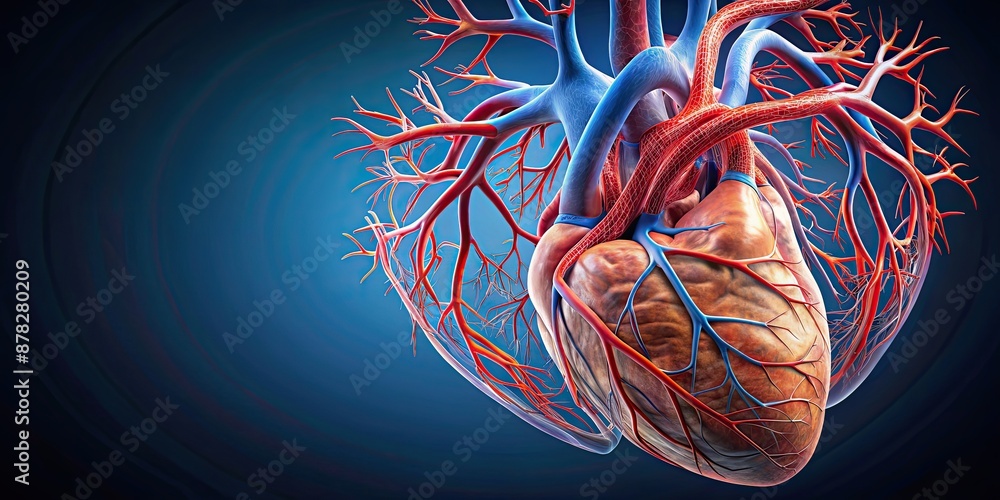 Human heart with aorta and arteries, detailed rendering on background ...