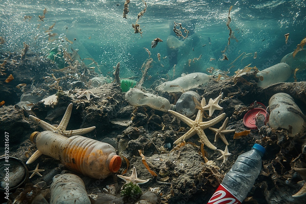 Magazine-style shot showing underwater pollution with plastic waste ...