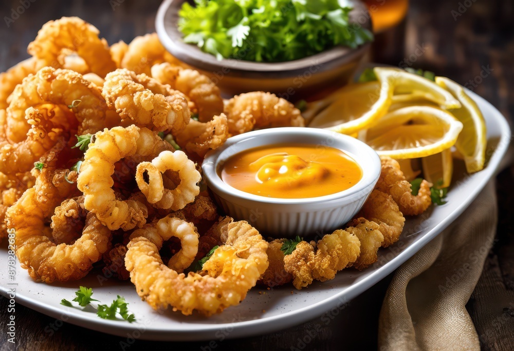 crispy golden fried calamari delicious dipping sauce, appetizer ...