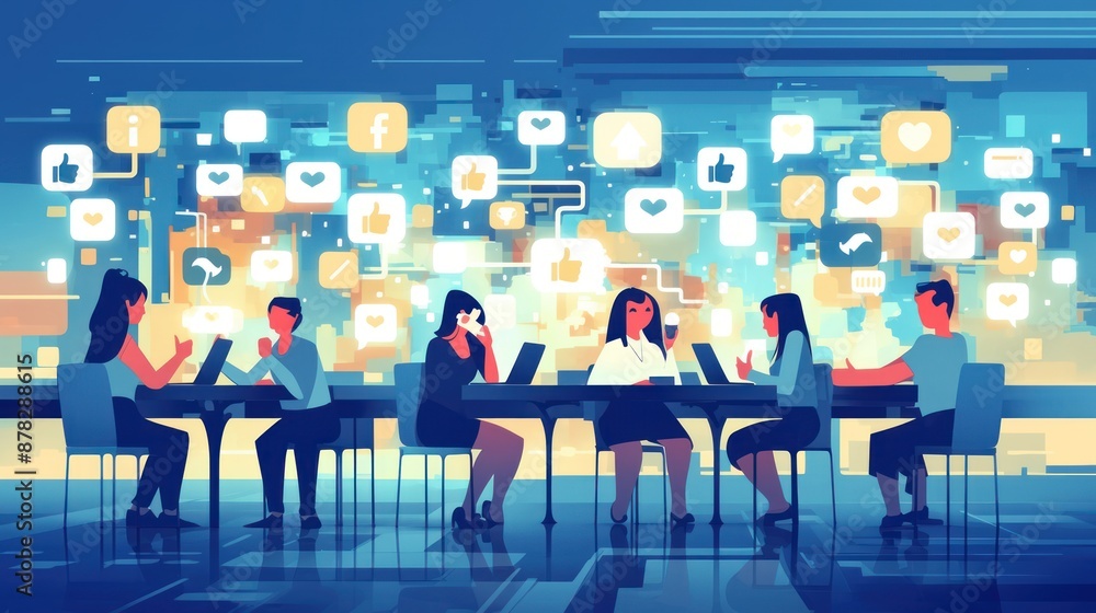 Colorful digital art of various people using communication smart phones ...