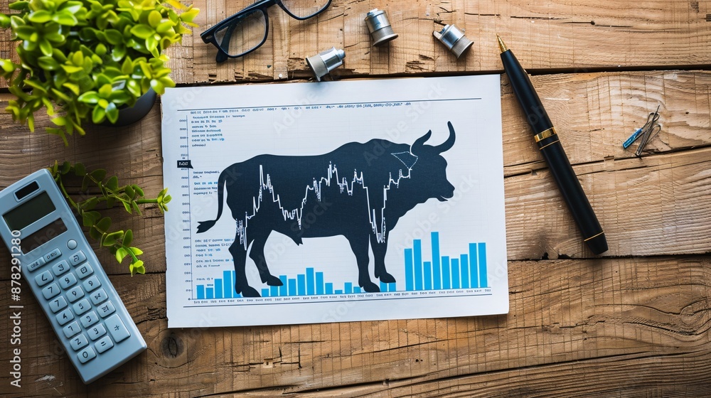 Bull market symbol in a 2D flat lay with paper rising charts and stock ...