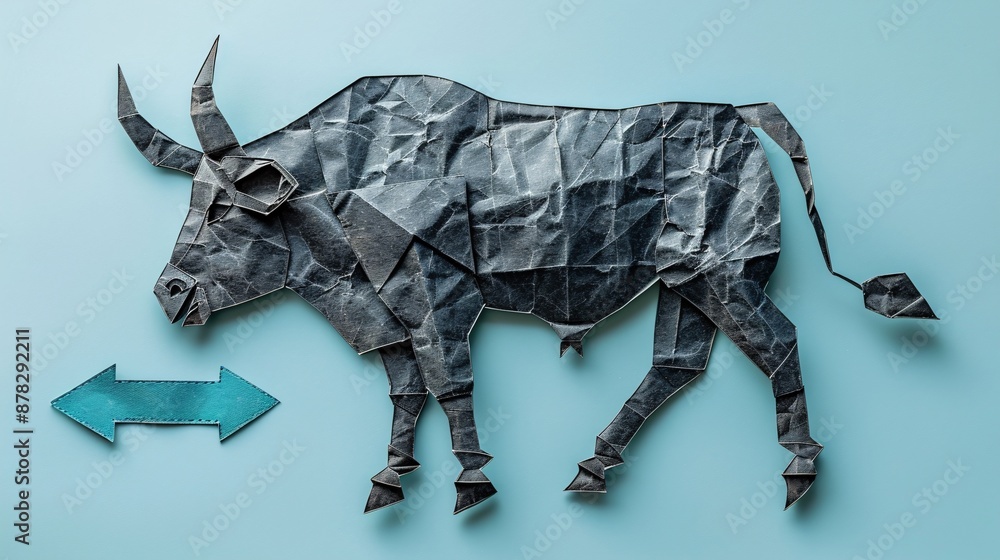 Bull market symbol in a 2D flat lay with paper crafted stock indicators ...