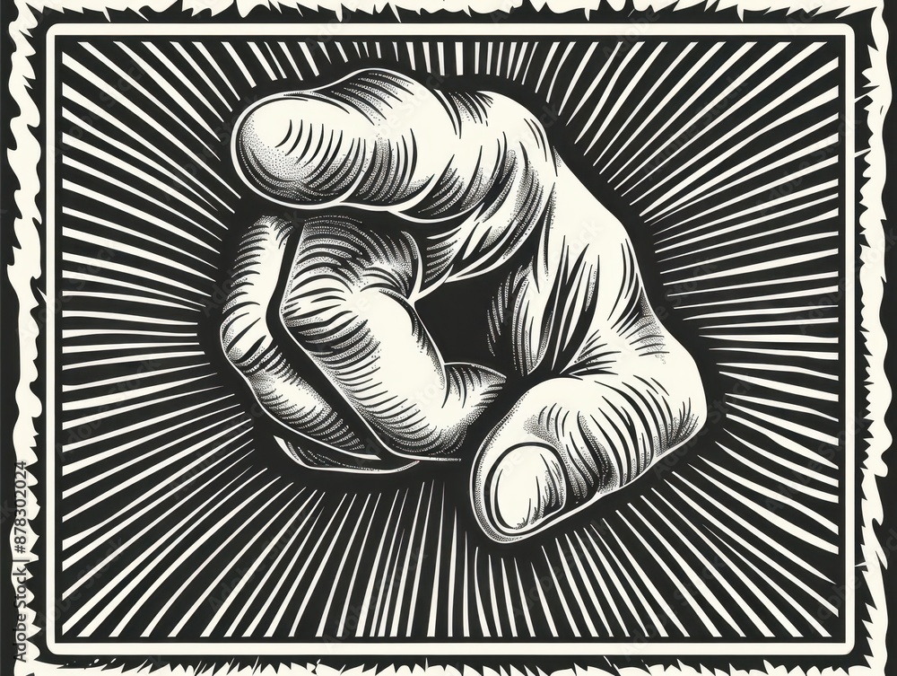 dramatic black and white woodcutstyle illustration of hand pointing ...