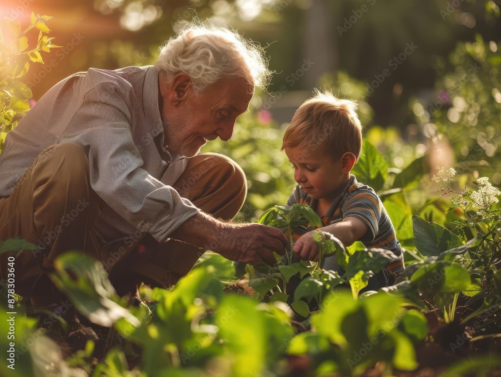 elderly man and young boy planting seedlings in sundappled garden ...