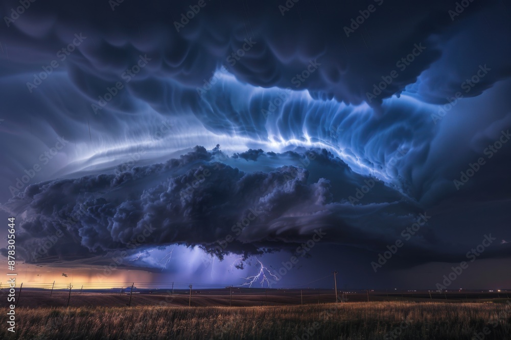 Massive tornadic supercell thunderstorm at night. Lightning ...