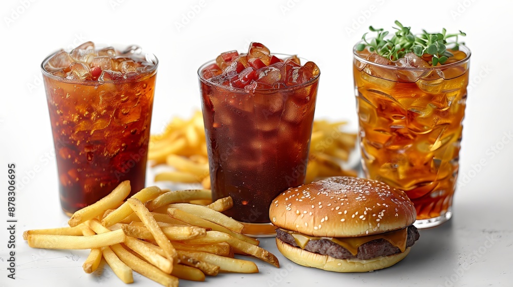 The classic fast food set includes a juicy burger with a sesame bun ...