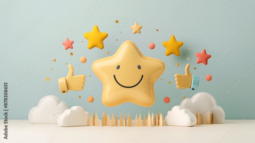 Smiley face surrounded by positive symbols, thumbs-up gestures, stars ...