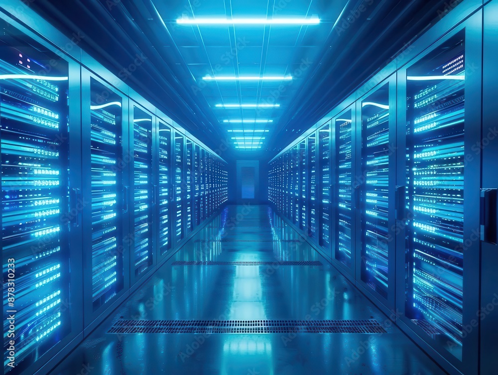 futuristic data center with rows of illuminated server racks hightech interior bathed in cool ...