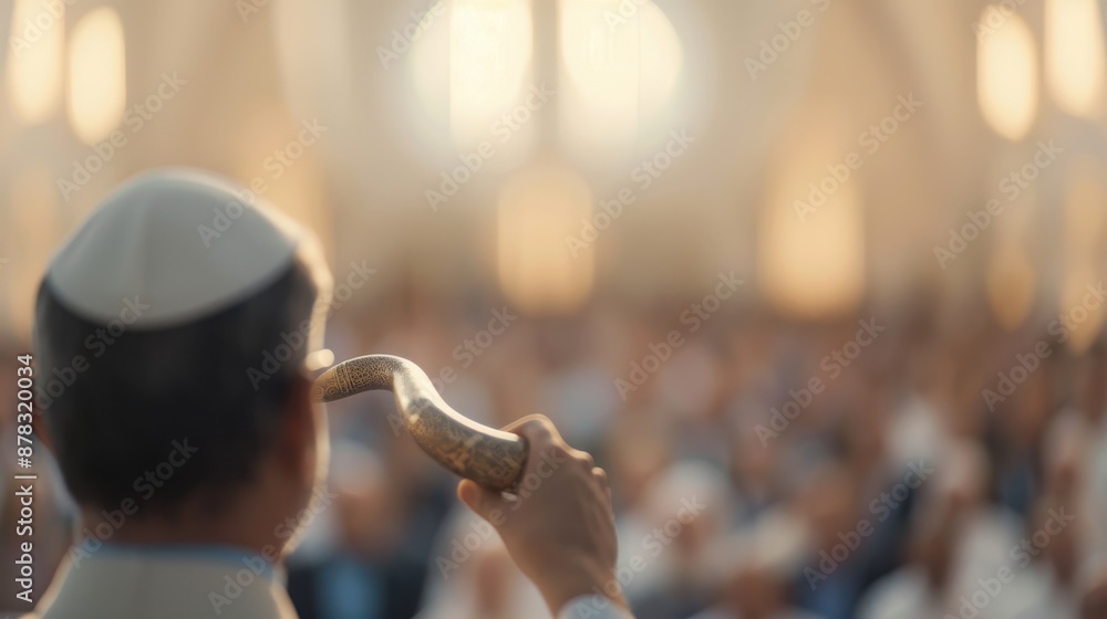 Person blowing the shofar at the end of the Yom Kippur service, with a ...