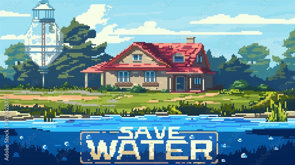 Pixel art style graphic promoting water conservation. Features a water ...