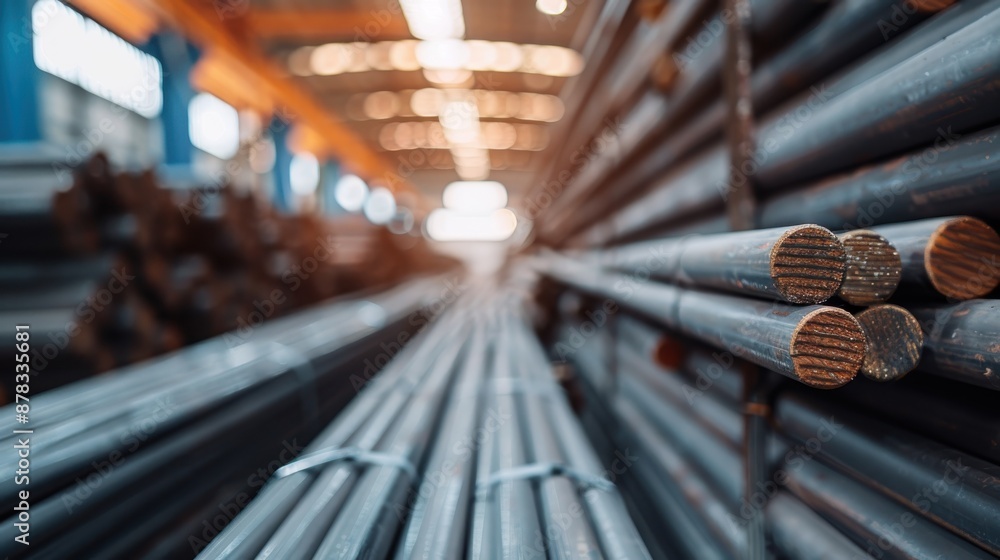 Long steel rods laid together in a factory environment. The rods are ...
