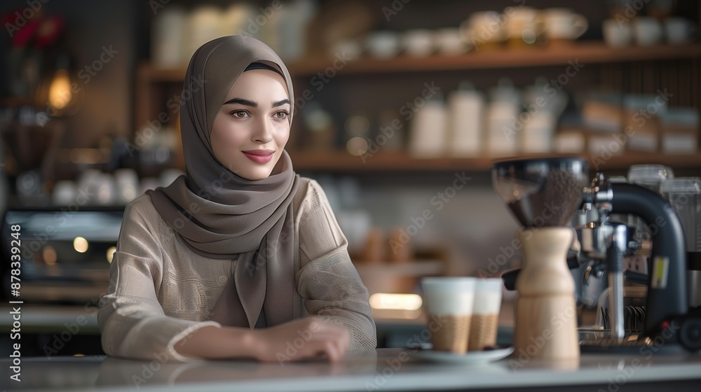 Foto de Young Muslim Barista in Coffee Shop. Young Muslim woman wearing ...