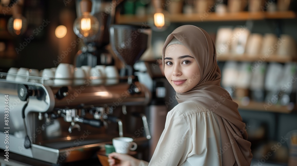 Young Barista in Trendy Café. Young Muslim barista in a hijab, working ...