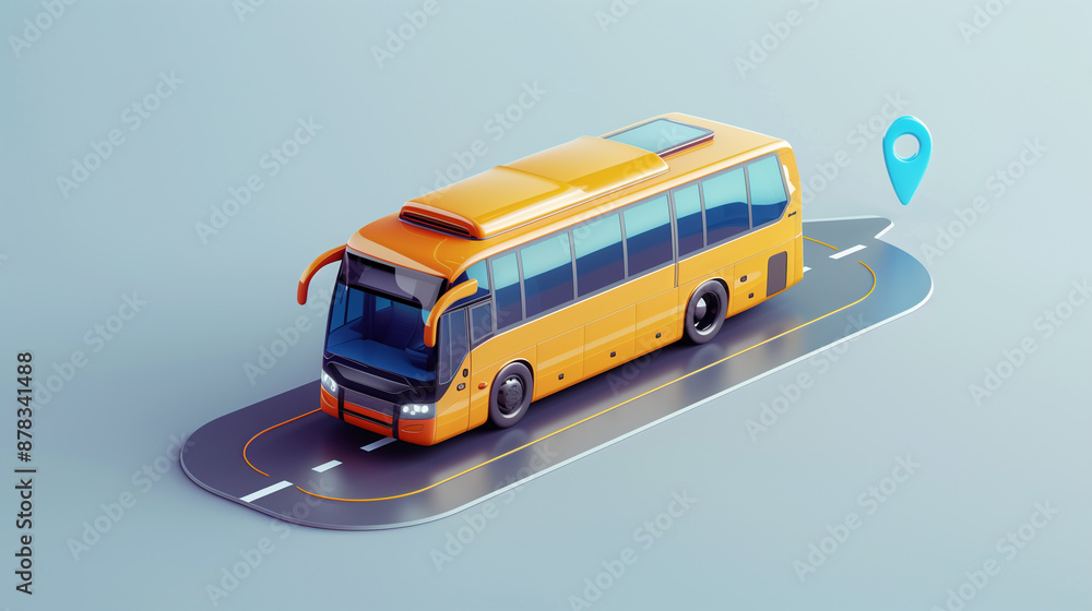 3d realistic bus render illustration with route dashed line and pins ...