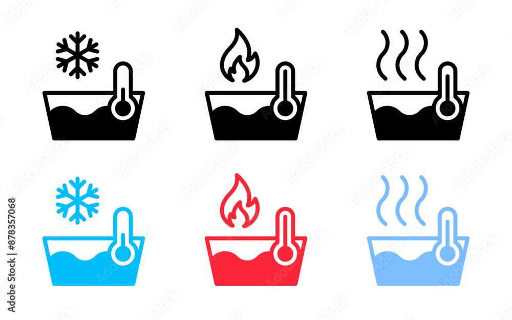 Hot and cold water icon set. Still and boiled water symbol. Bath ...