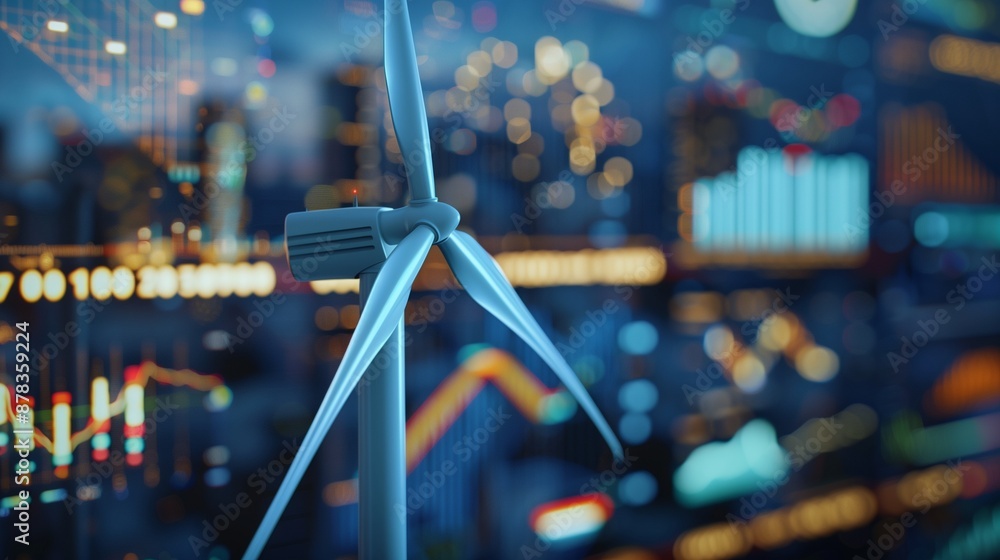 Wind turbine in focus with data analysis, charts, graphs, and diagrams in the background ...