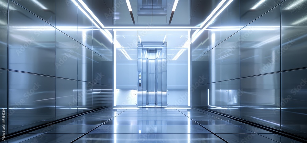Futuristic elevator with LED-lit walls and a shiny metallic floor ...