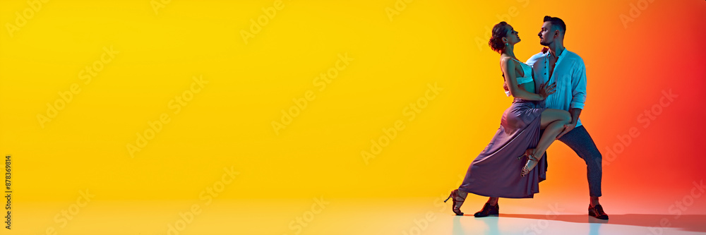 Bachata dance class. Couple, man and woman in dynamic pose highlighting ...