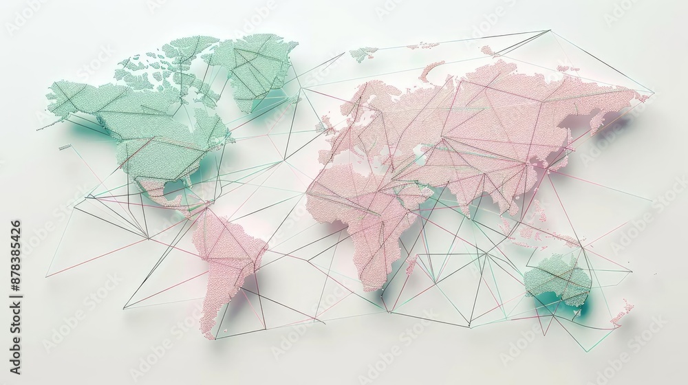 World map with connecting lines, digital reach, pastel tones, [network ...