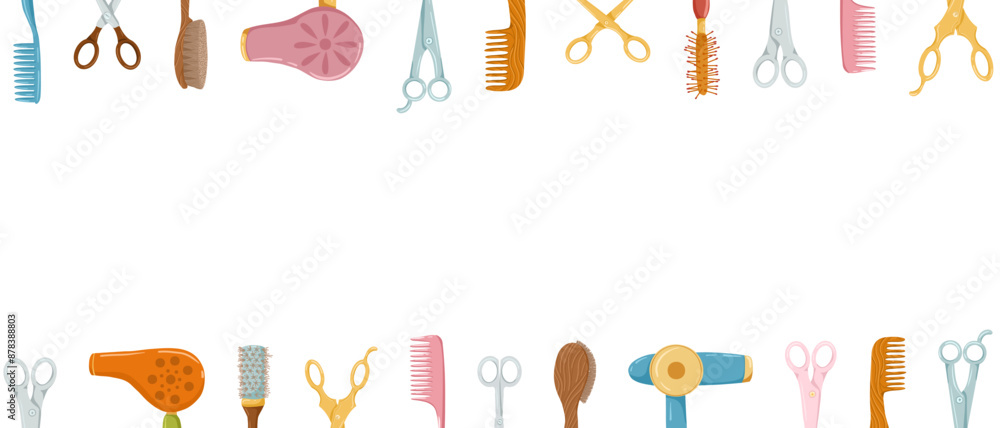 Hairdressing tools horizontal frame. Retro hair dryers, hairbrushes ...