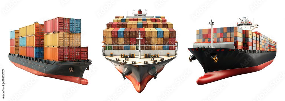 Set of three cargo ships loaded with colorful shipping containers ...