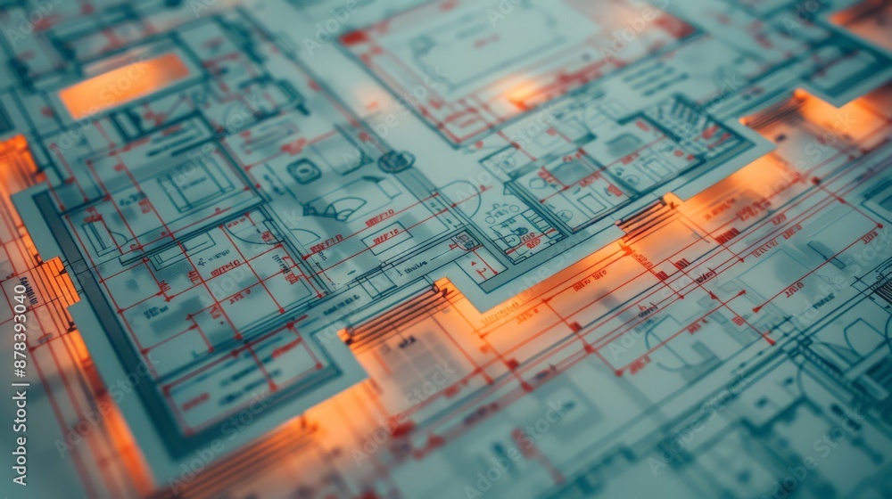 Blueprints with fire protection plans outline fire alarm locations ...