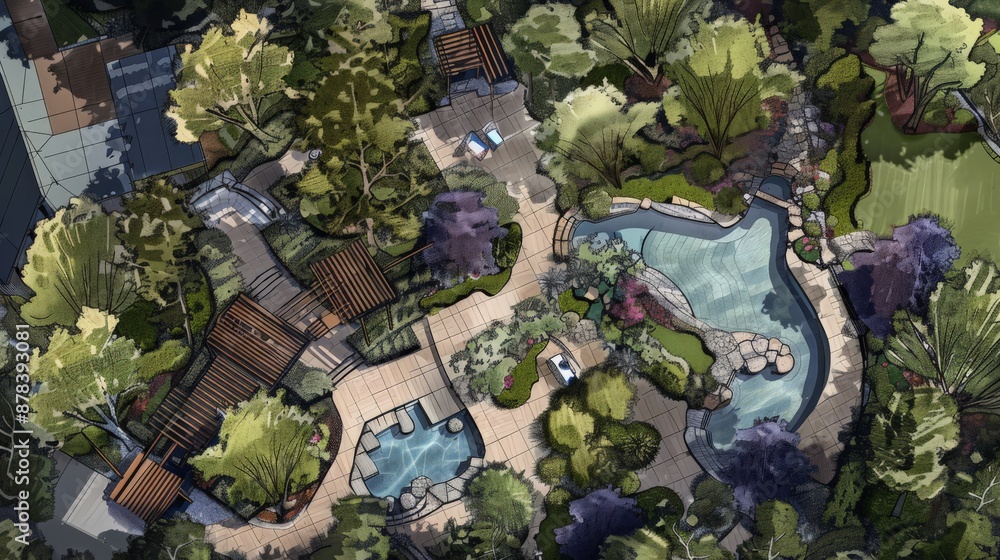 ภาพประกอบสต็อก Blueprints with landscaping plans incorporate outdoor ...