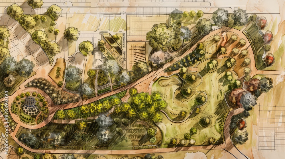 Blueprints with landscaping plans incorporate outdoor amenities, green ...