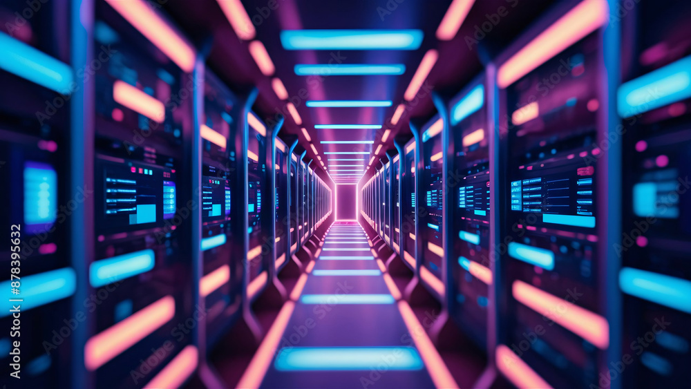 Neon-lit data center hallway with rows of server racks and digital ...