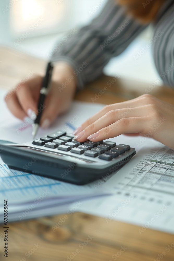 Person using a scientific calculator on a wooden desk, with the focus ...