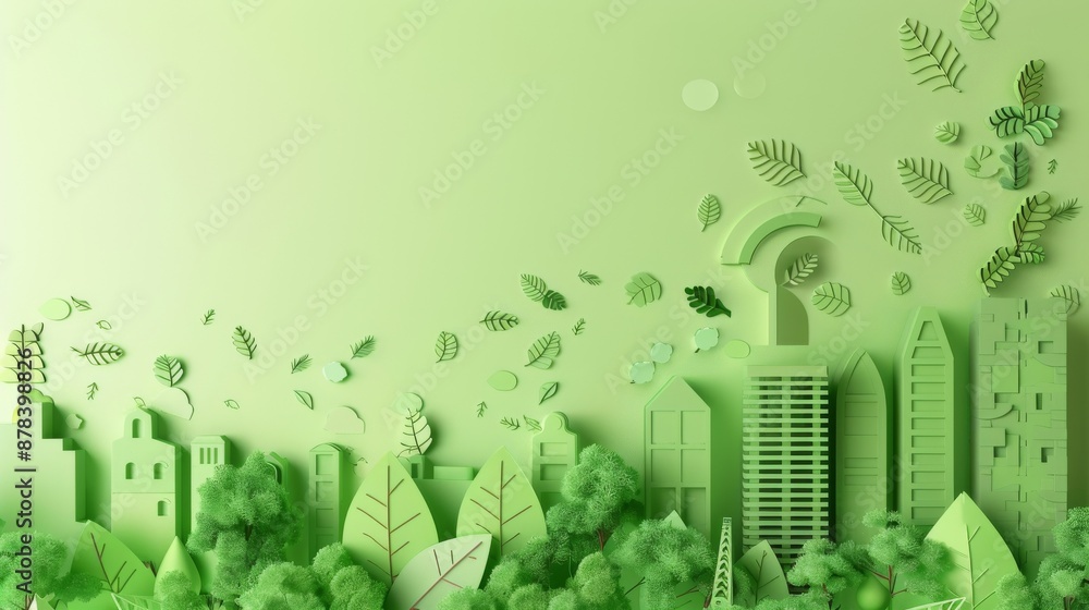 Green cityscape with paper cutouts of buildings and leaves ...