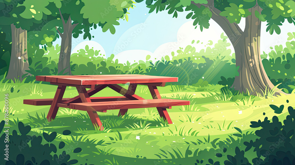 Picnic table illustration cartoon background. Summer fields, hills ...