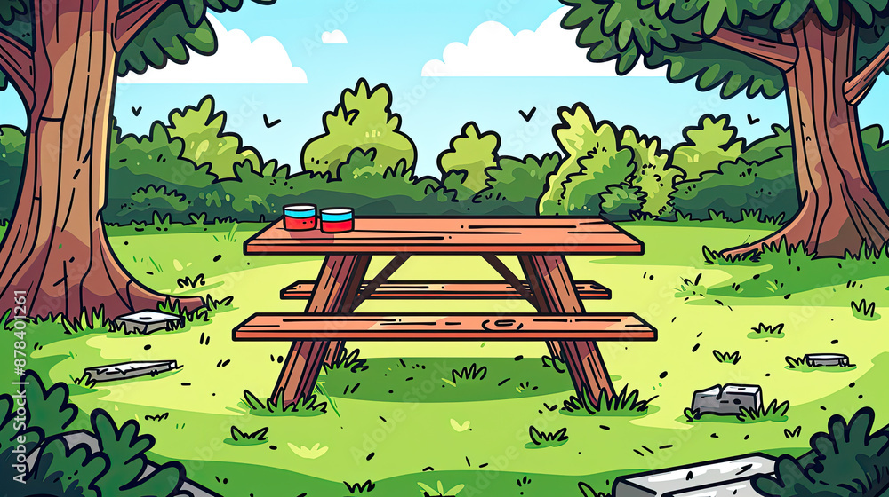 Picnic table illustration cartoon background. Summer fields, hills ...