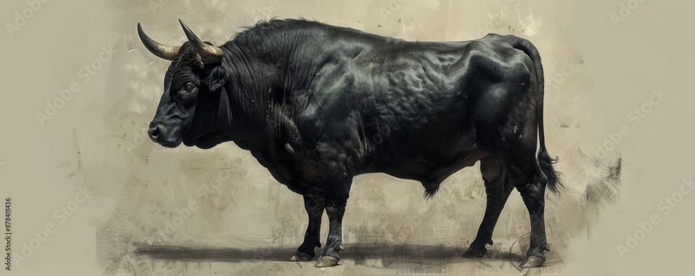 Strong black bull stands confidently against a neutral background ...