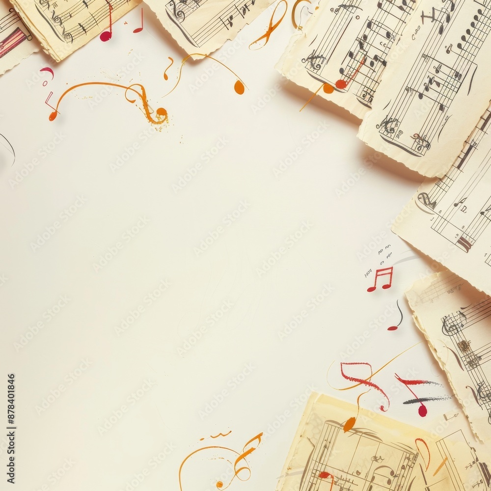 Scattered sheet music and musical notes create a frame around a white ...