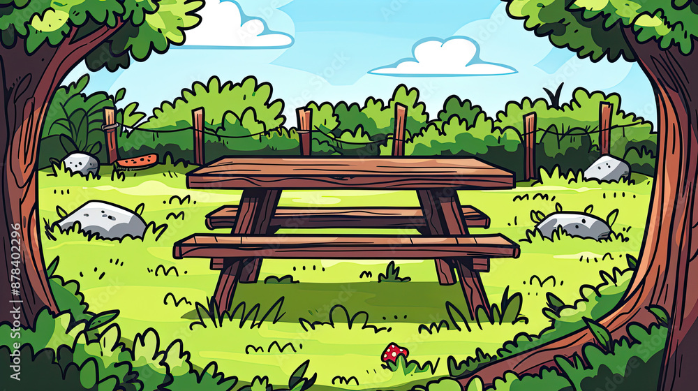 Picnic table illustration cartoon background. Summer fields, hills ...