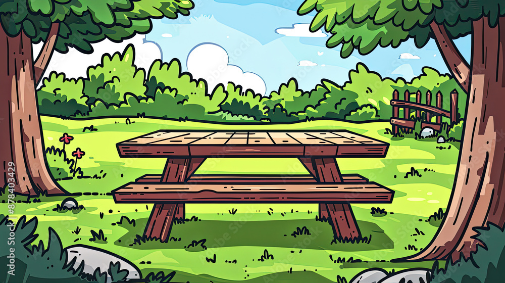 Picnic table illustration cartoon background. Summer fields, hills ...