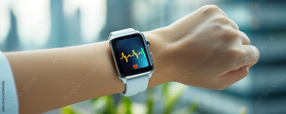 Wearable health tech, smartwatch displaying vital signs, modern city ...