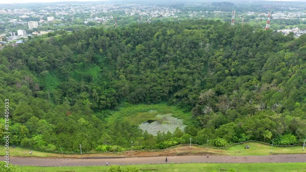 Aerial top view perspective of Trou Aux Cerf Volcano Curepipe in the ...