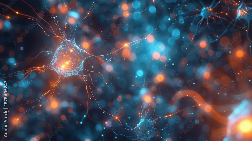 abstract visualization of interconnected biotech cells glowing lines ...