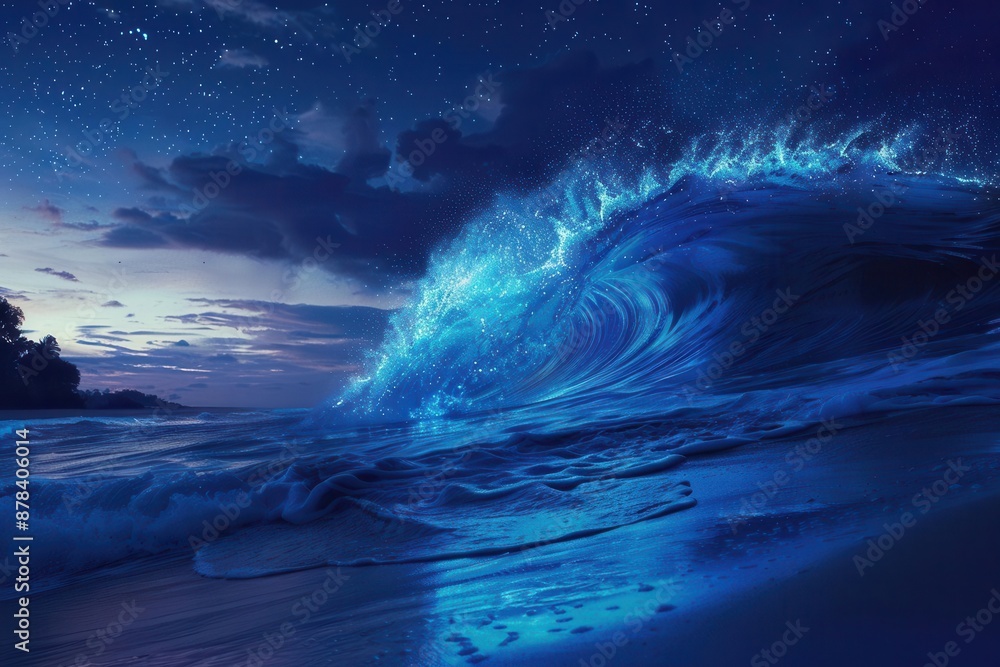 bioluminescent tidal wave at twilight glowing plankton illuminate the ...