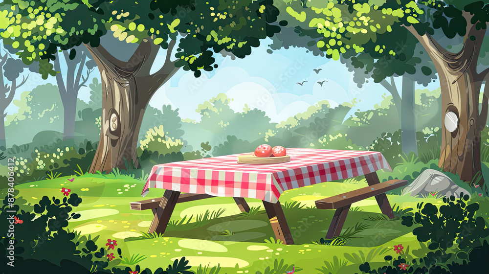 Picnic table illustration cartoon background. Summer fields, hills ...