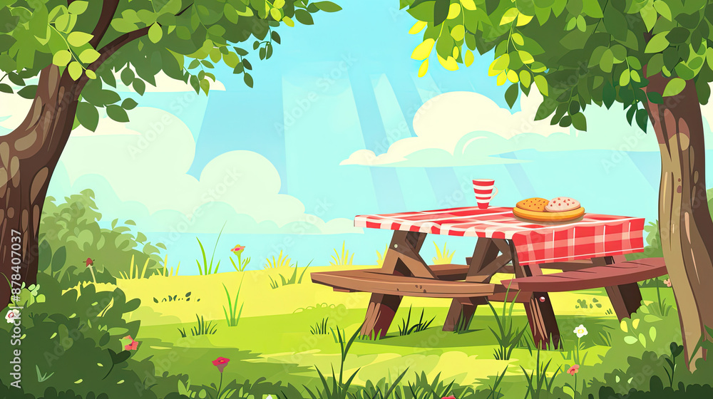 Picnic table illustration cartoon background. Summer fields, hills ...