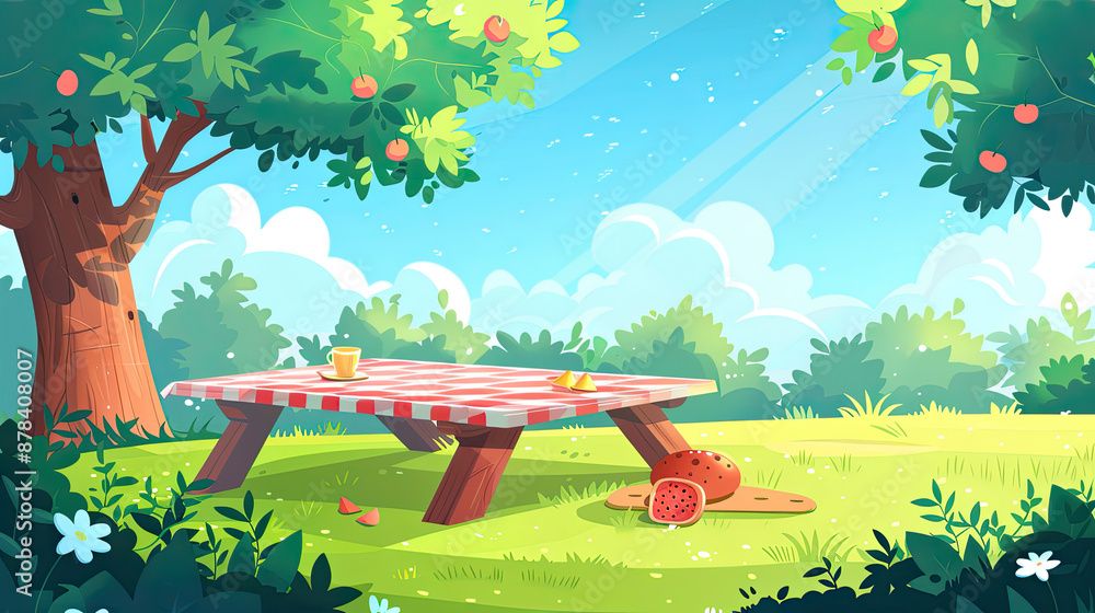 Picnic table illustration cartoon background. Summer fields, hills ...