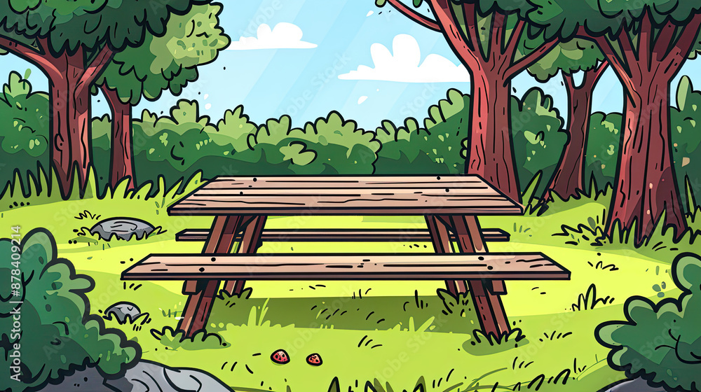 ภาพประกอบสต็อก Picnic table illustration cartoon background. Summer ...