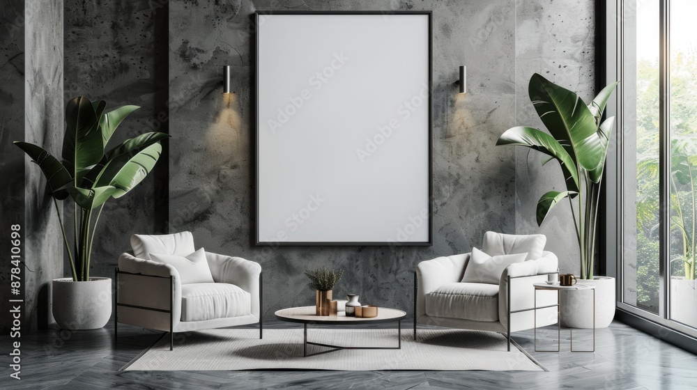 Contemporary interior design with a blank wall for mock-up, featuring ...